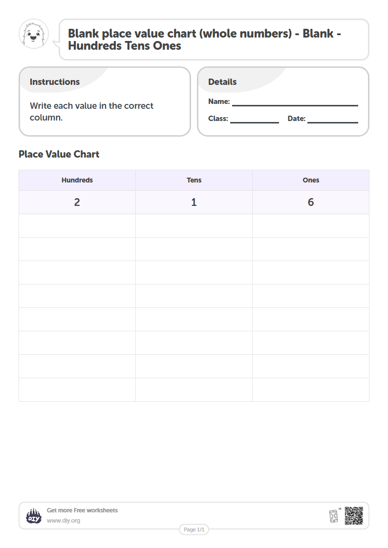 Free Blank place value chart (whole numbers) - Blank - Hundreds Tens ...