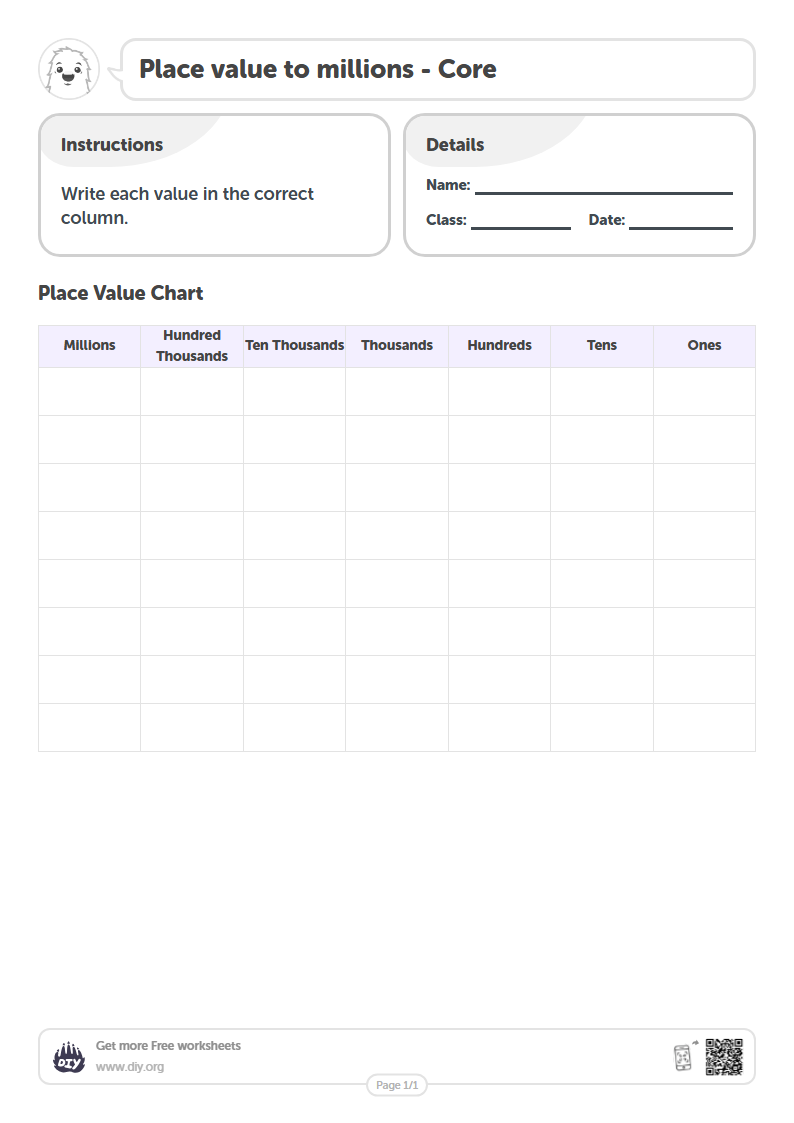 Free Place value to millions Worksheets
