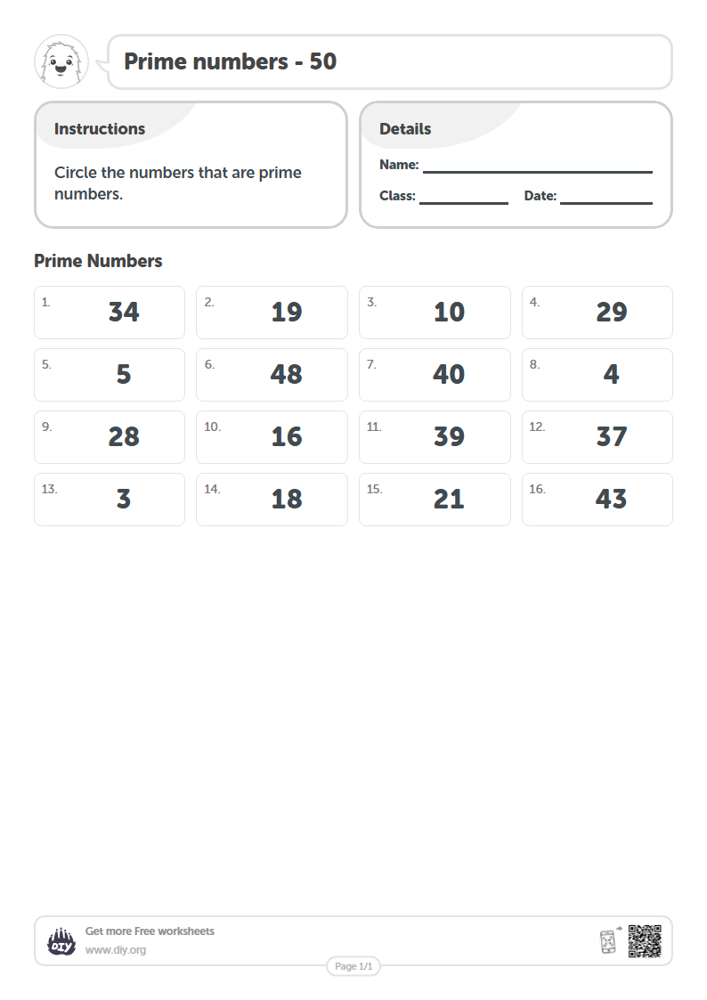 Free Prime numbers - 50 Worksheets