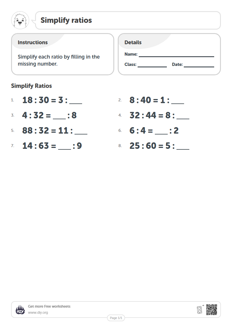 Free Simplify ratios Worksheets
