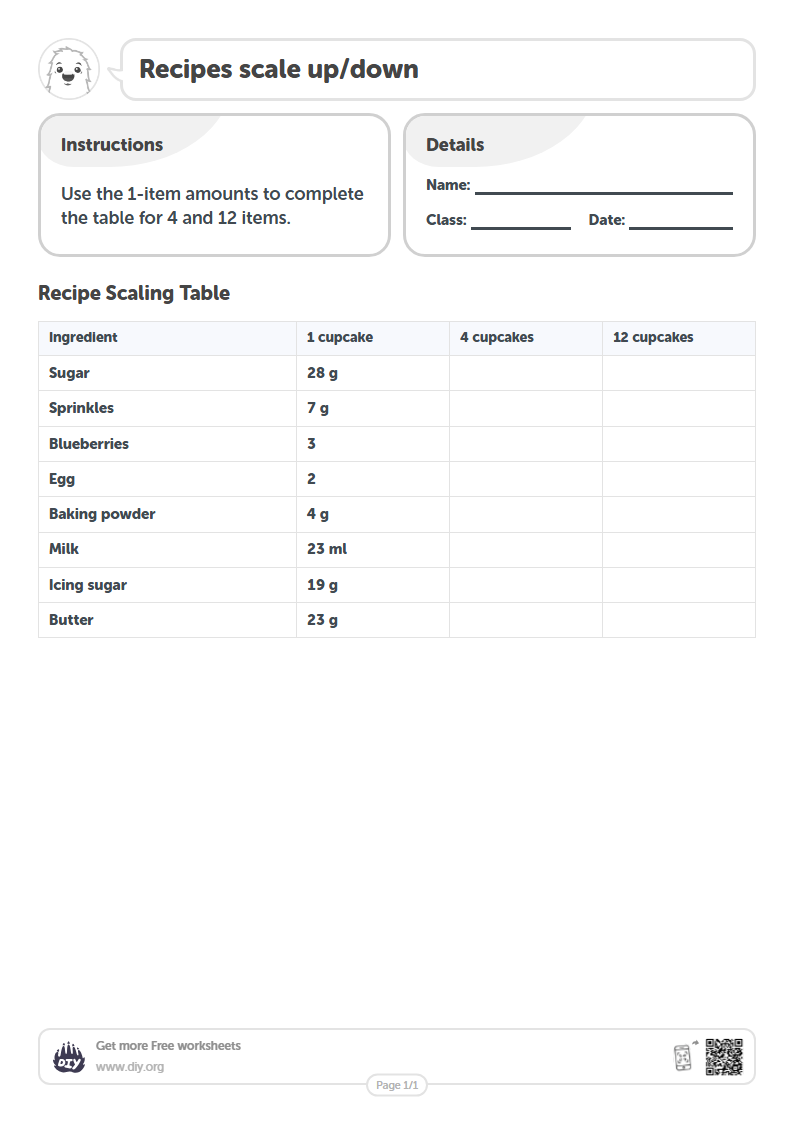 Free Recipes scale up/down Worksheets
