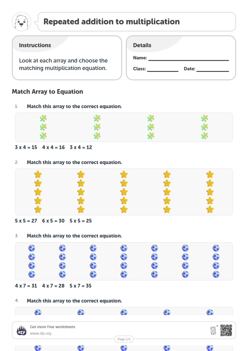 Free Repeated addition to multiplication Worksheets