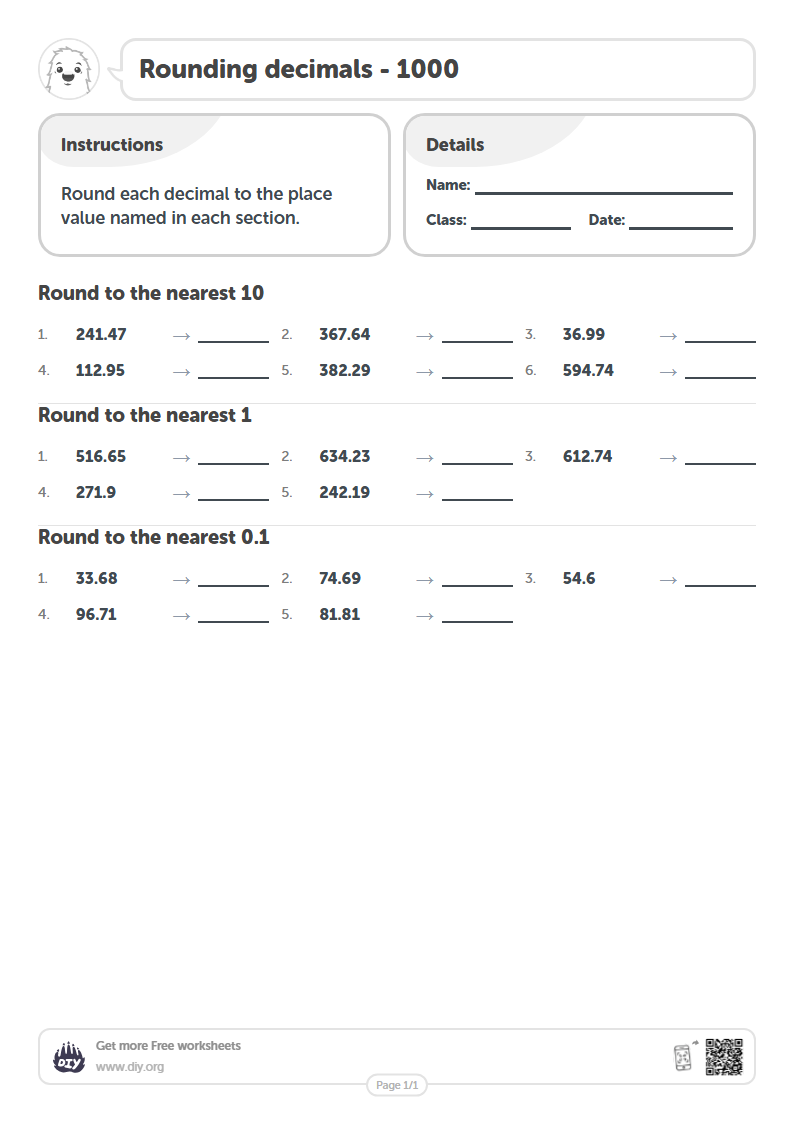 Free Rounding decimals - 1000 Worksheets
