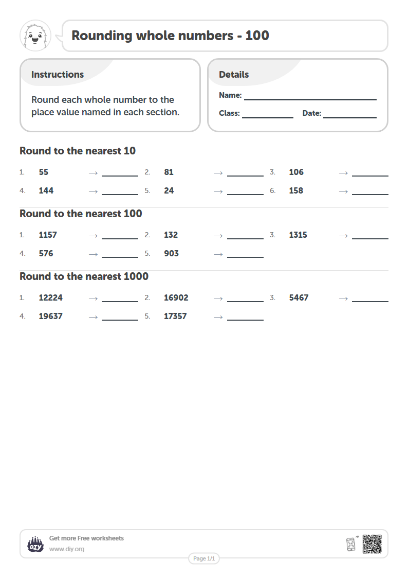 Free Rounding whole numbers - 100 Worksheets