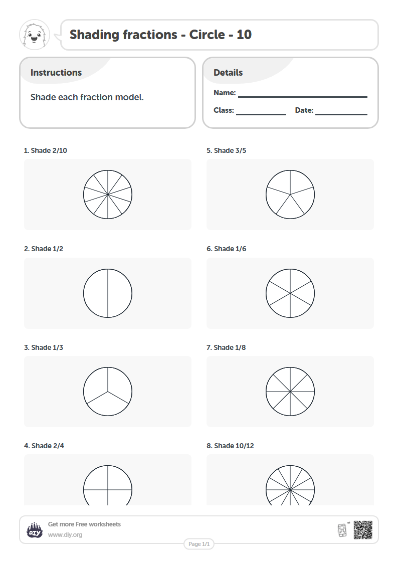 Free Shading fractions - Circle - 10 Worksheets
