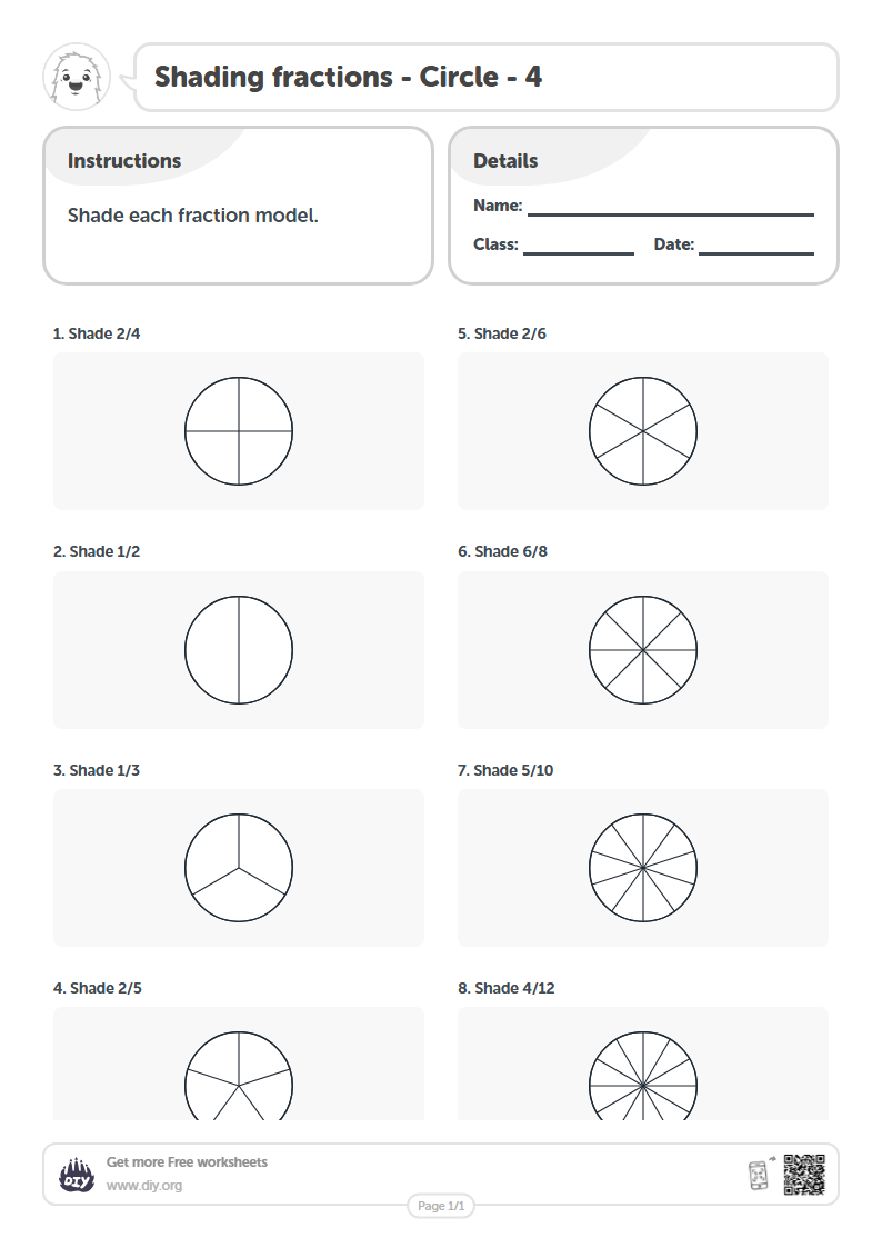 Free Shading fractions - Circle - 4 Worksheets