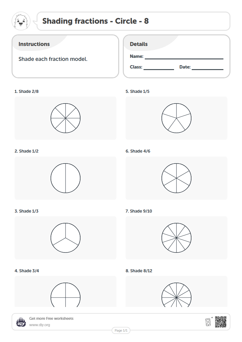 Free Shading fractions - Circle - 8 Worksheets
