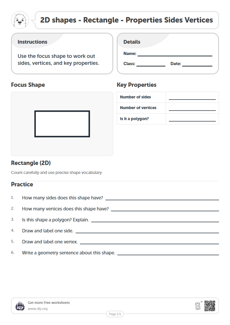 Free 2D shapes - Rectangle - Properties Sides Vertices Worksheets