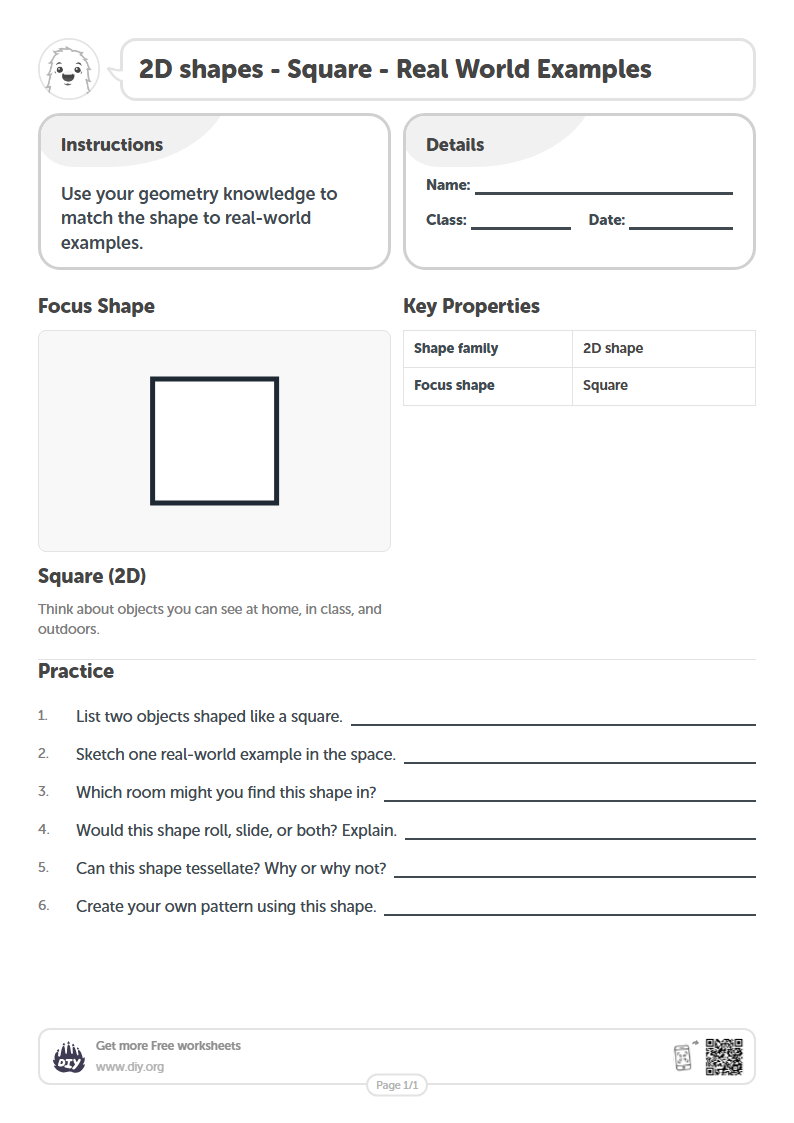 Free 2D shapes - Square - Real World Examples Worksheets