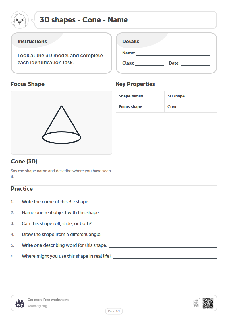 Free 3D shapes - Cone - Name Worksheets