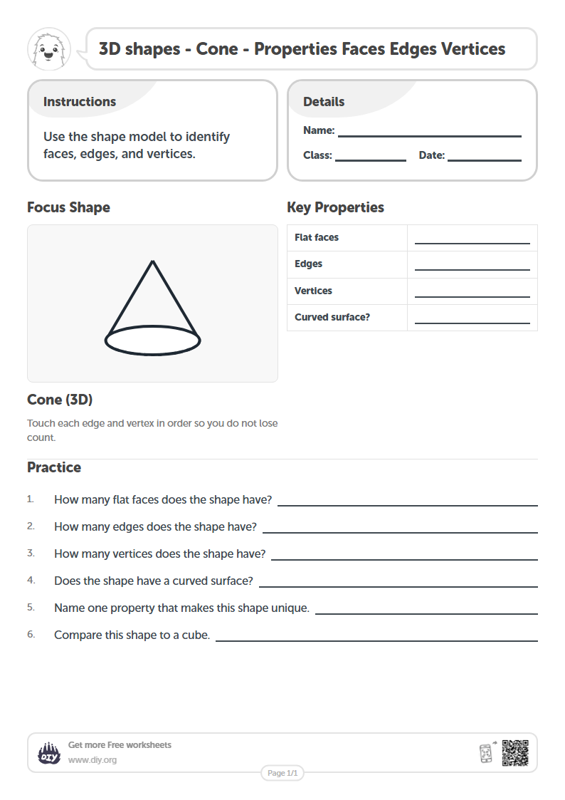 Free 3D shapes - Cone - Properties Faces Edges Vertices Worksheets