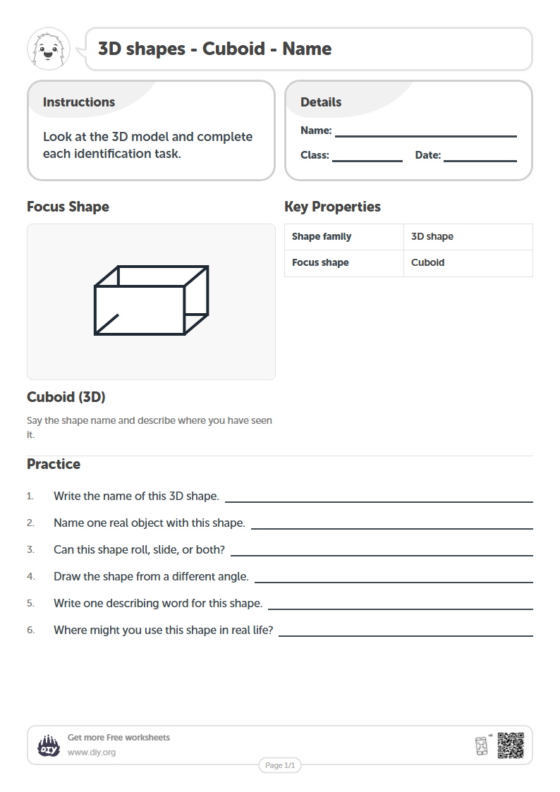Free 3D shapes - Cuboid - Name Worksheets
