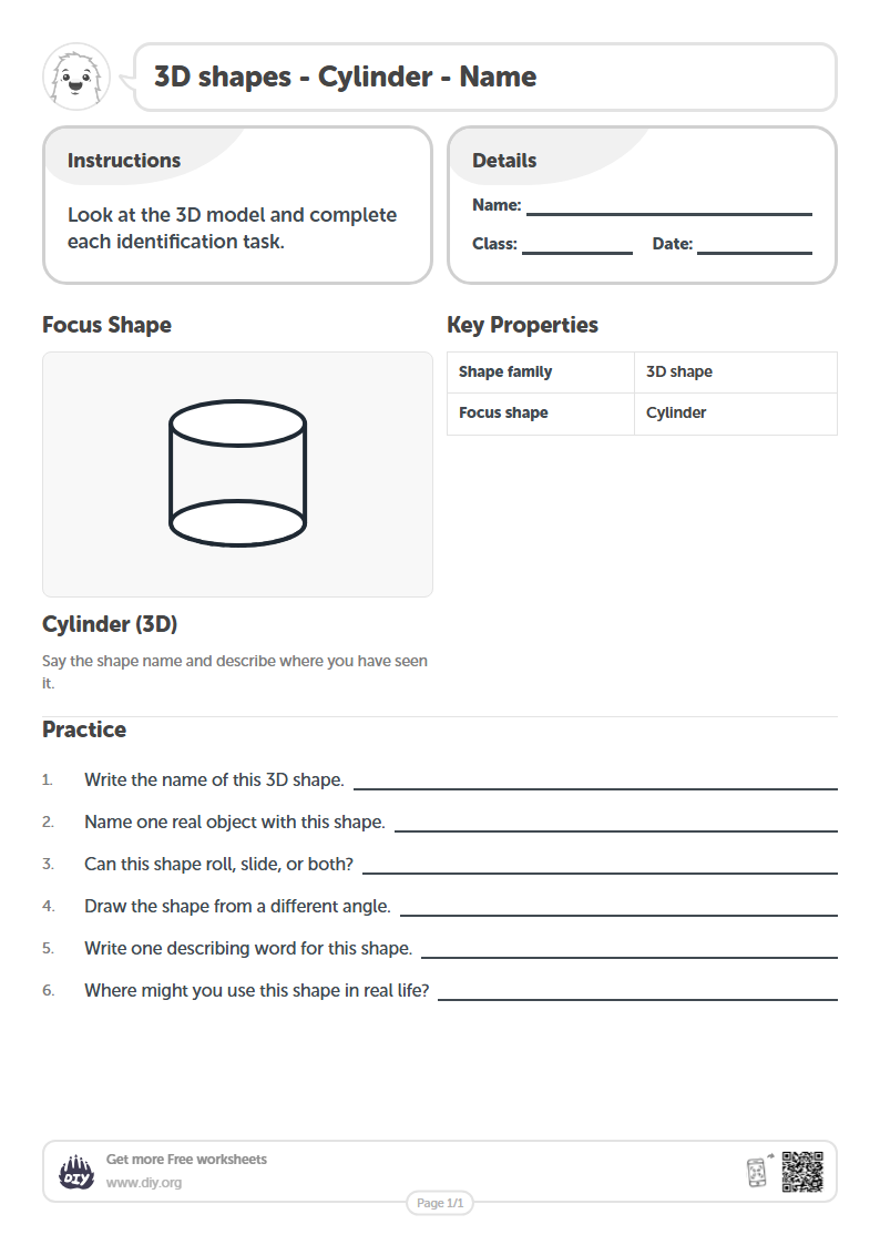 Free 3D shapes - Cylinder - Name Worksheets