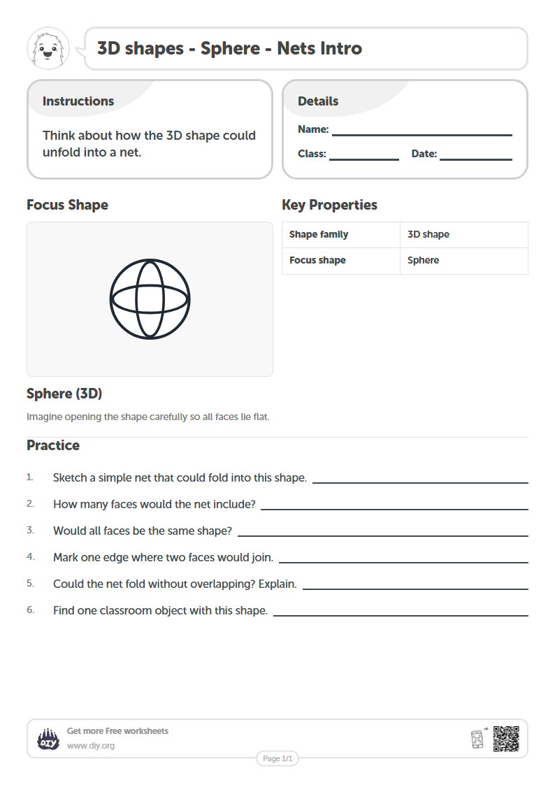 Free 3D shapes - Sphere - Nets Intro Worksheets