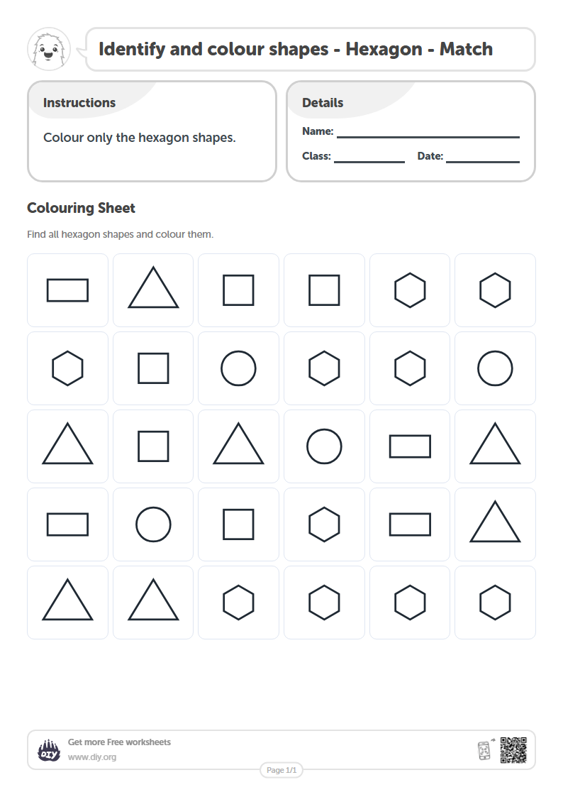 Free Identify and colour shapes - Hexagon - Match Worksheets