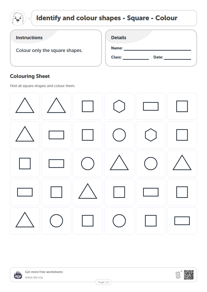 Free Identify and colour shapes - Square - Colour Worksheets