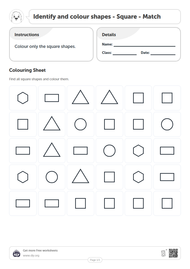 Free Identify and colour shapes - Square - Match Worksheets