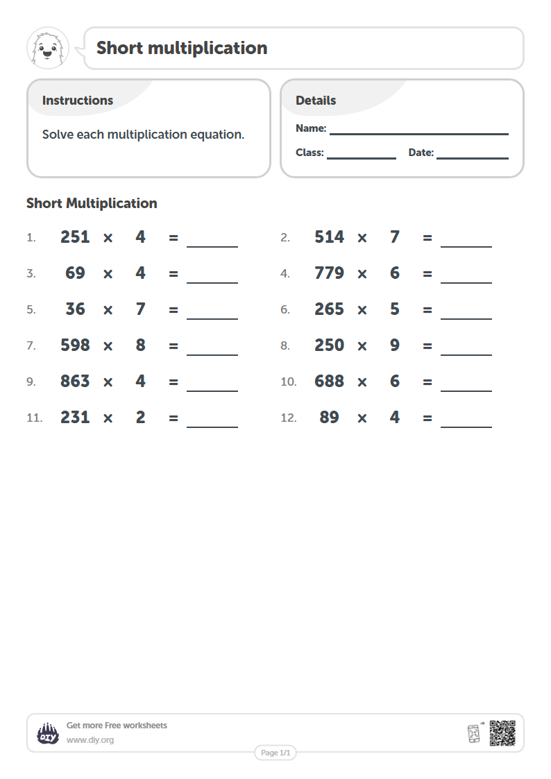 Free Short multiplication Worksheets