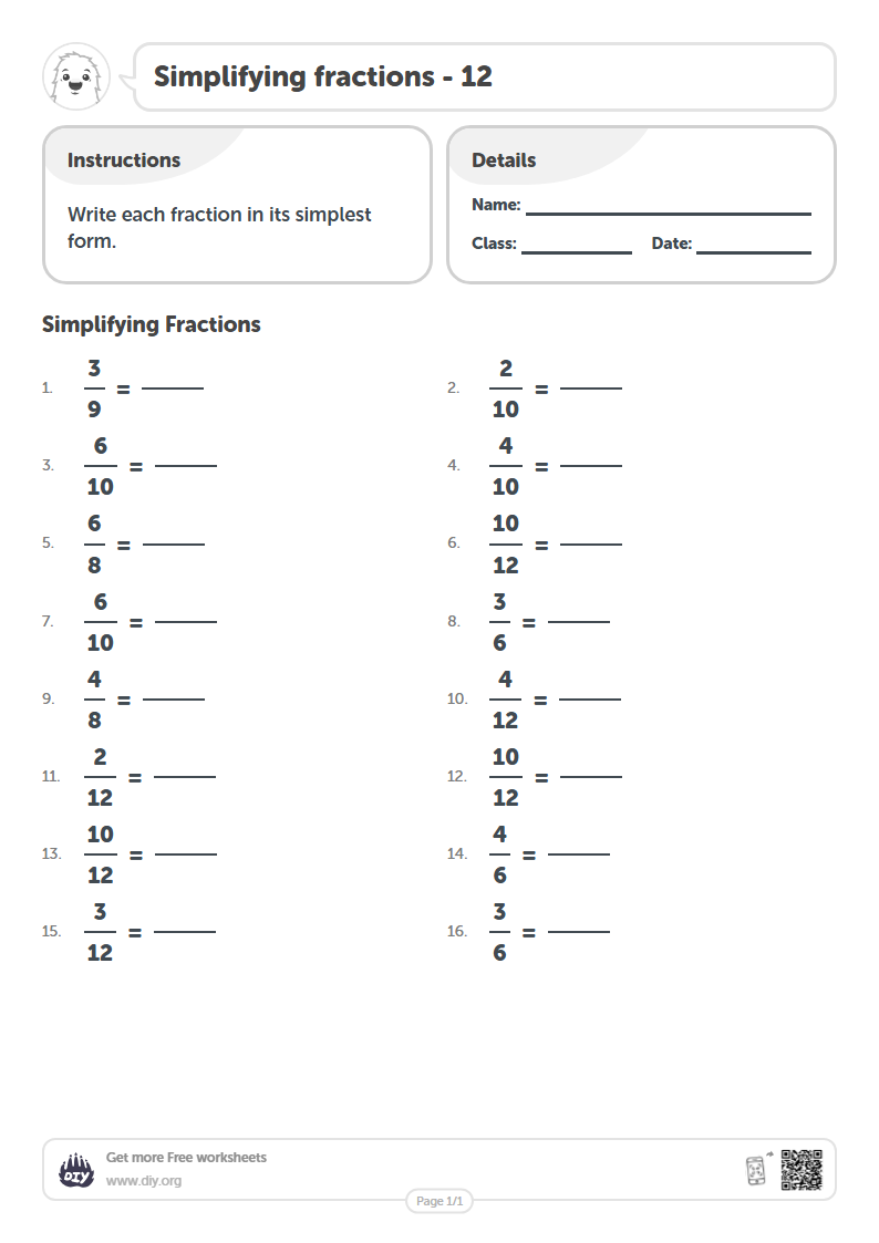 Free Simplifying fractions - 12 Worksheets