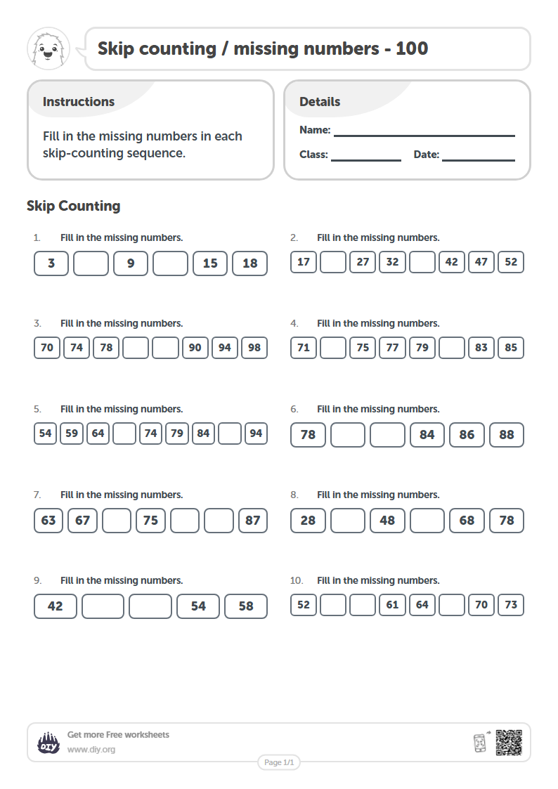 Free Skip counting / missing numbers - 100 Worksheets