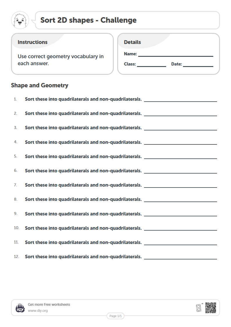 Free Sort 2D shapes Worksheets