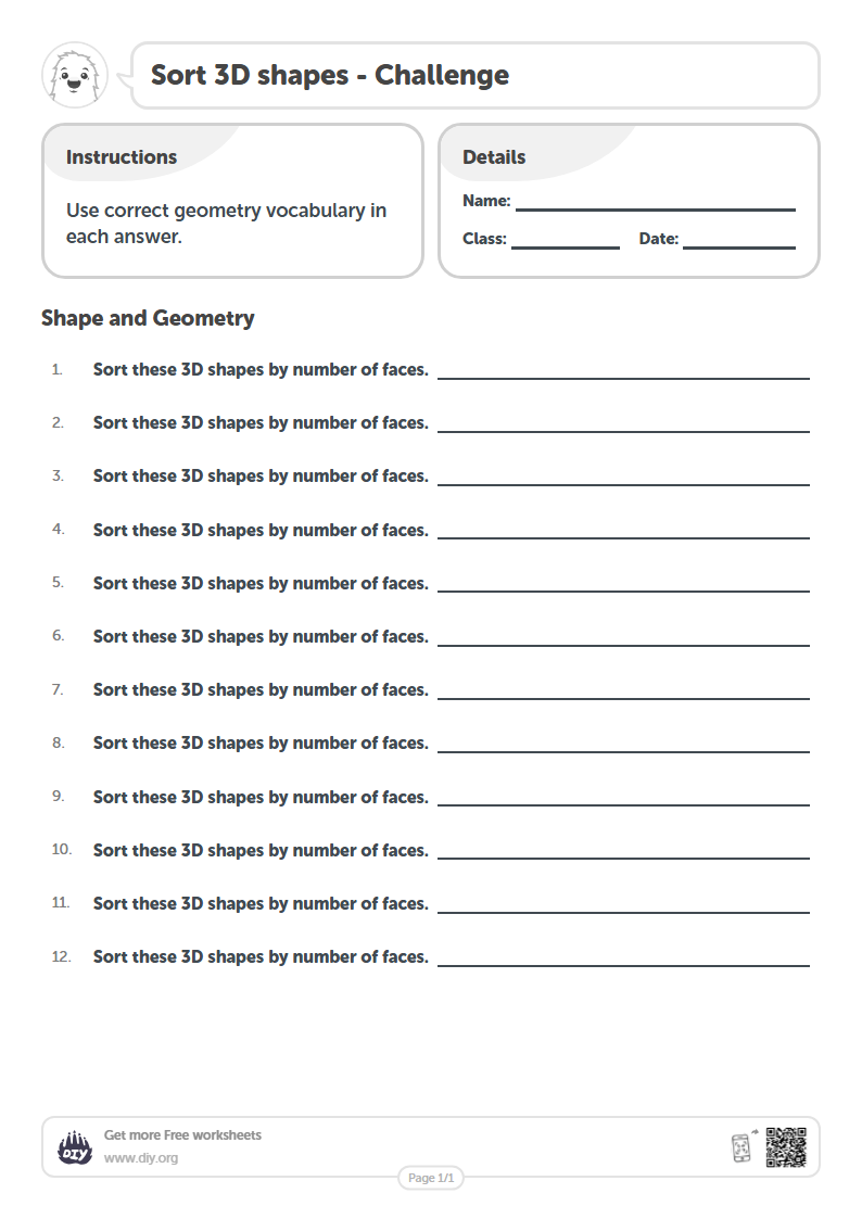Free Sort 3D shapes Worksheets