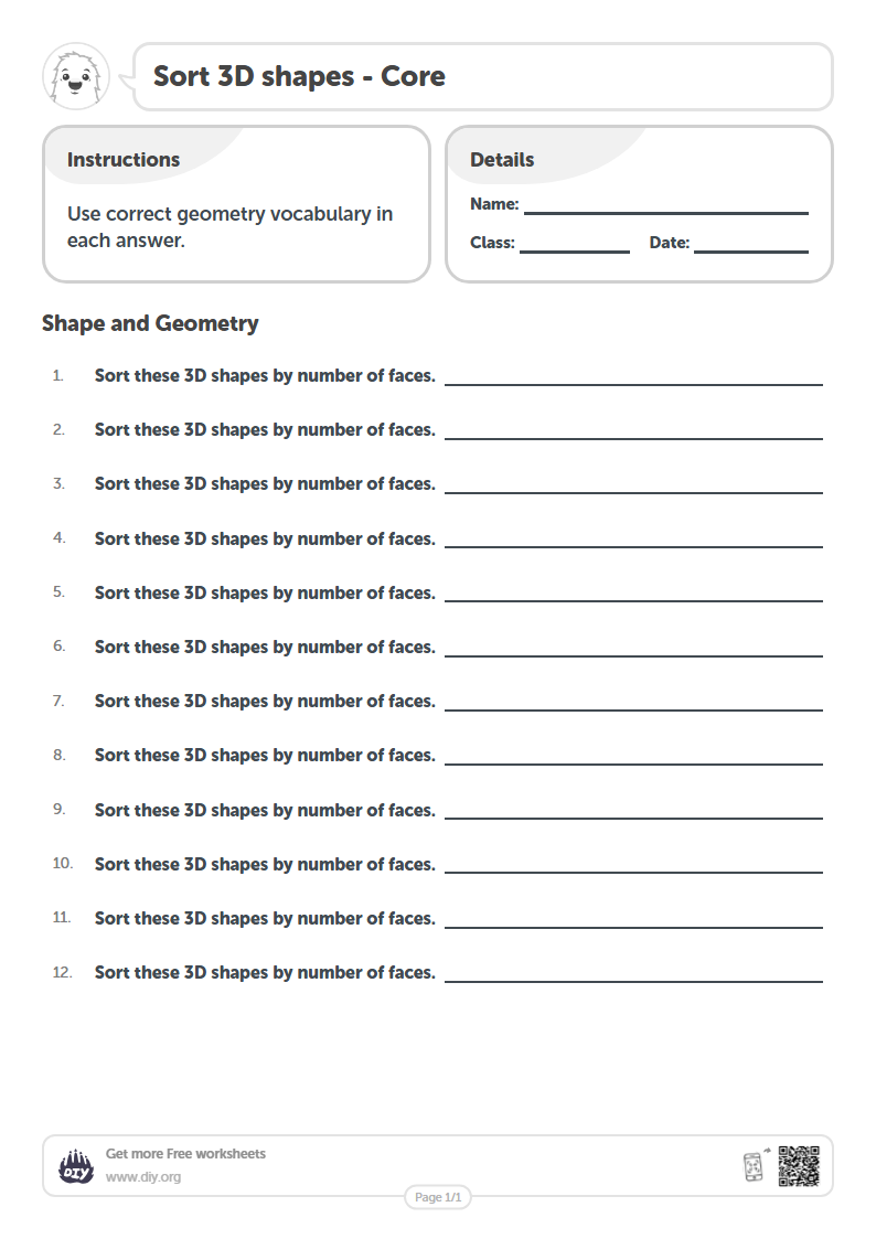 Free Sort 3D shapes Worksheets