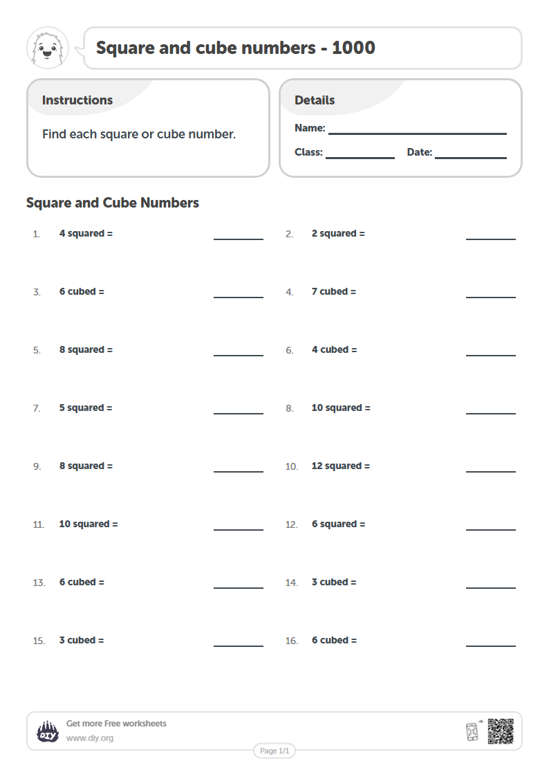 Free Square and cube numbers - 1000 Worksheets