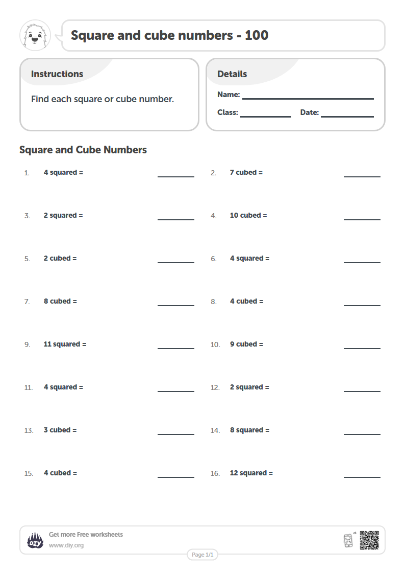 Free Square and cube numbers - 100 Worksheets