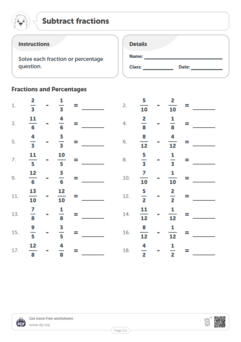 Free Subtract fractions Worksheets