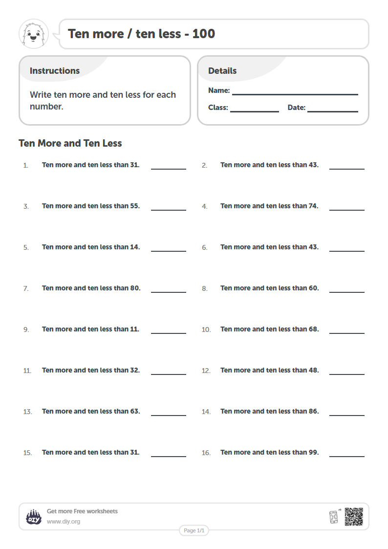Free Ten more / ten less - 100 Worksheets