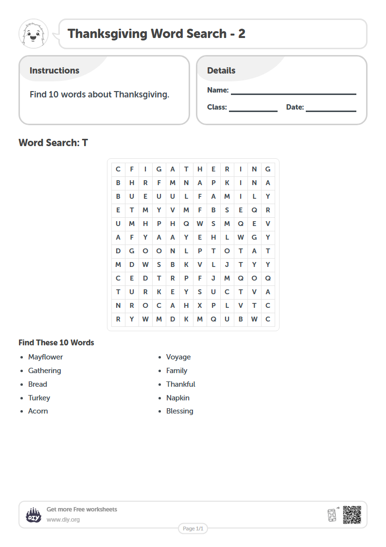 Free Thanksgiving Word Search Worksheets