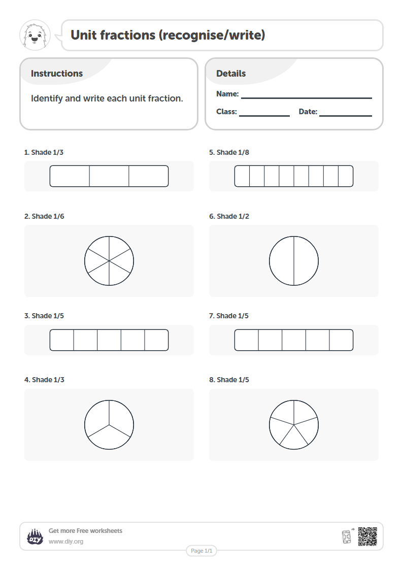 Free Unit fractions (recognise/write) Worksheets