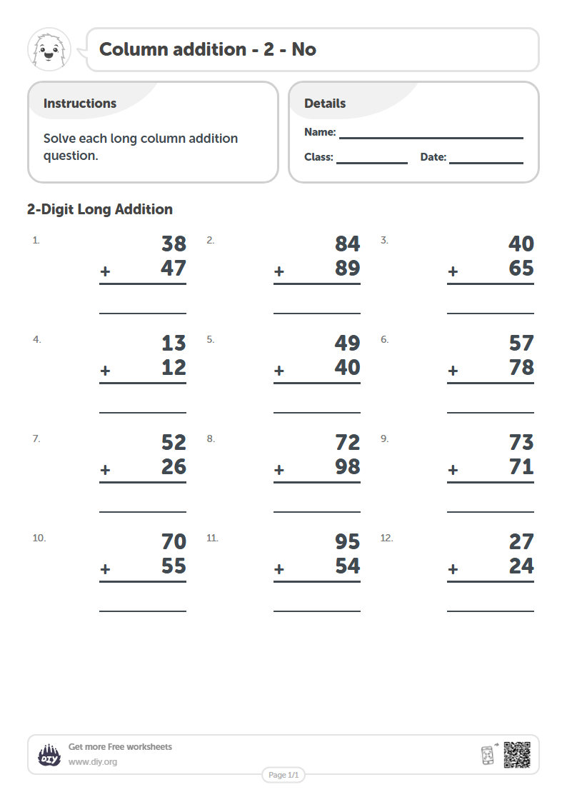 Free Column addition - 2 - No Worksheets