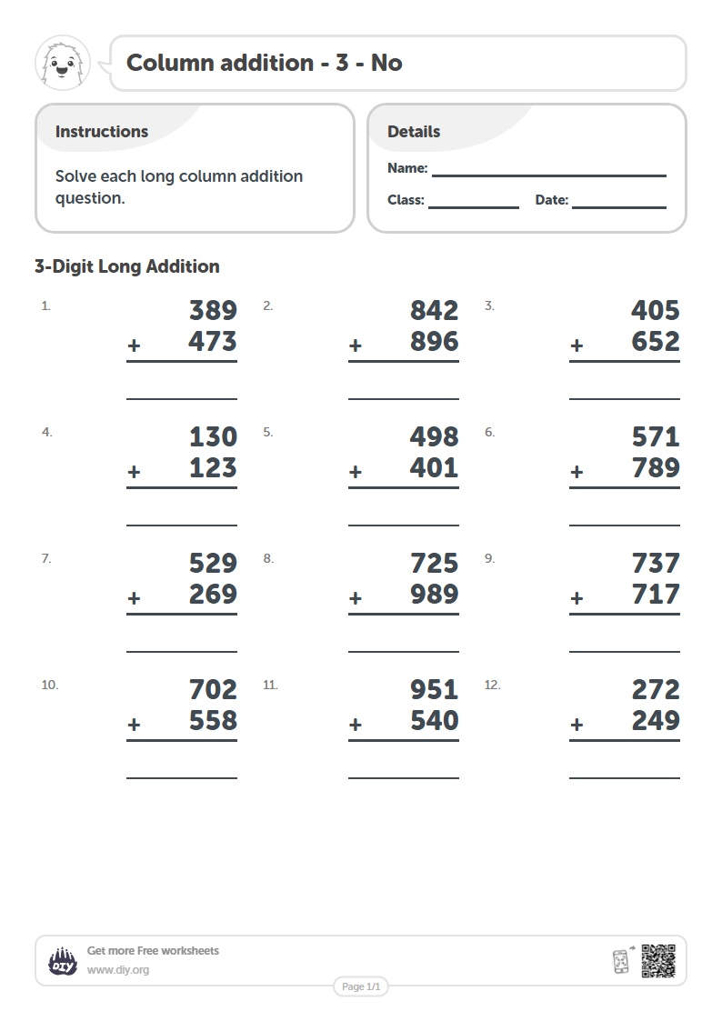 Free Column addition - 3 - No Worksheets
