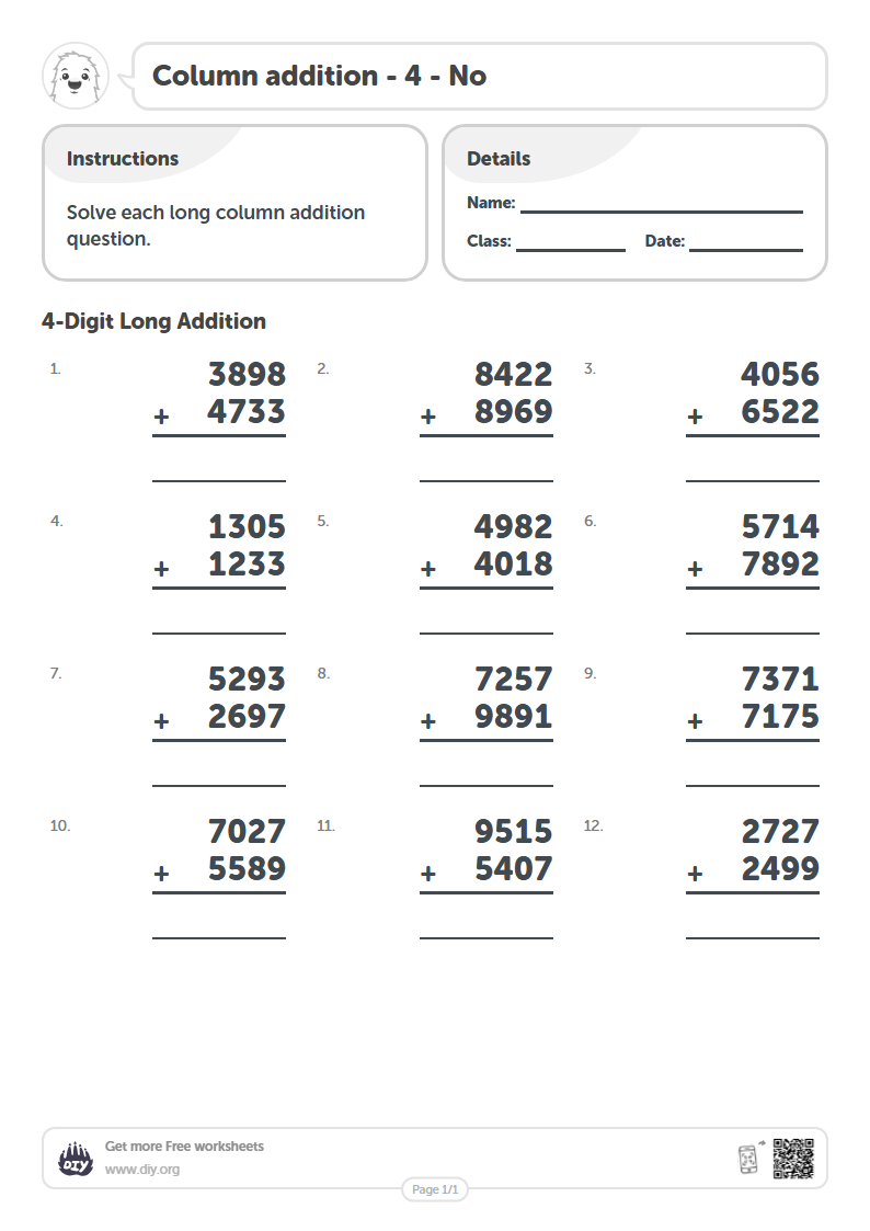 Free Column addition - 4 - No Worksheets