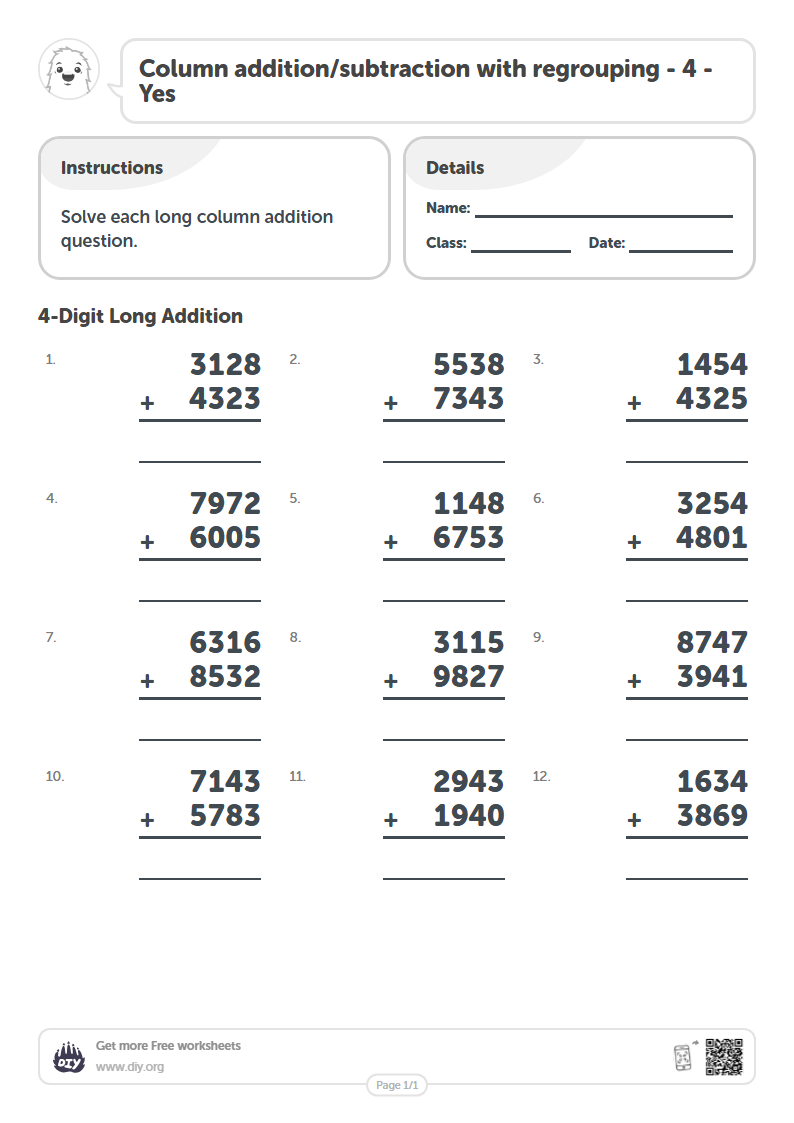 Free Column addition/subtraction with regrouping - 4 - Yes Worksheets