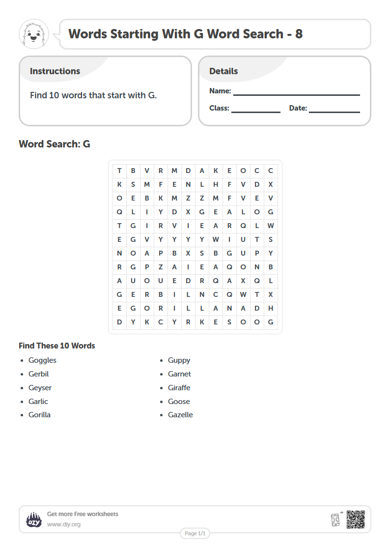 Free Words Starting With G Word Search Worksheets