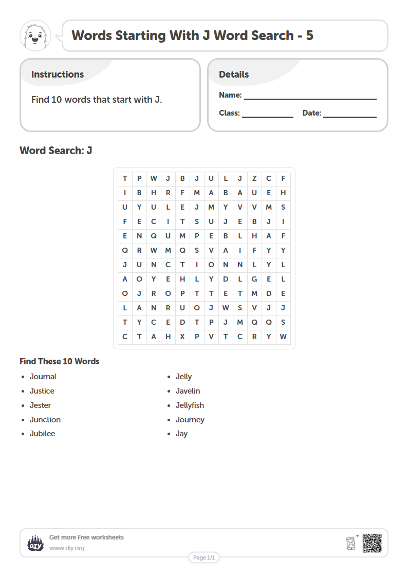 Free Words Starting With J Word Search Worksheets