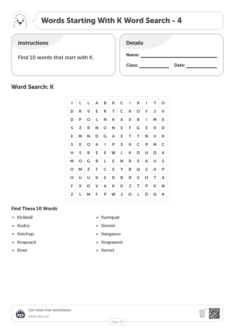 Free Words Starting With K Word Search Worksheets