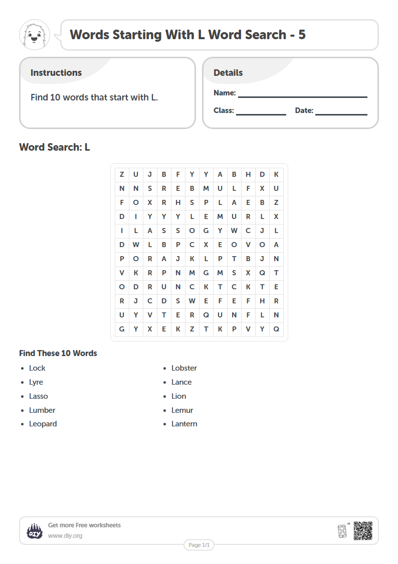 Free Words Starting With L Word Search Worksheets