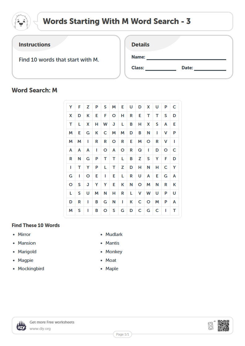 Free Words Starting With M Word Search Worksheets