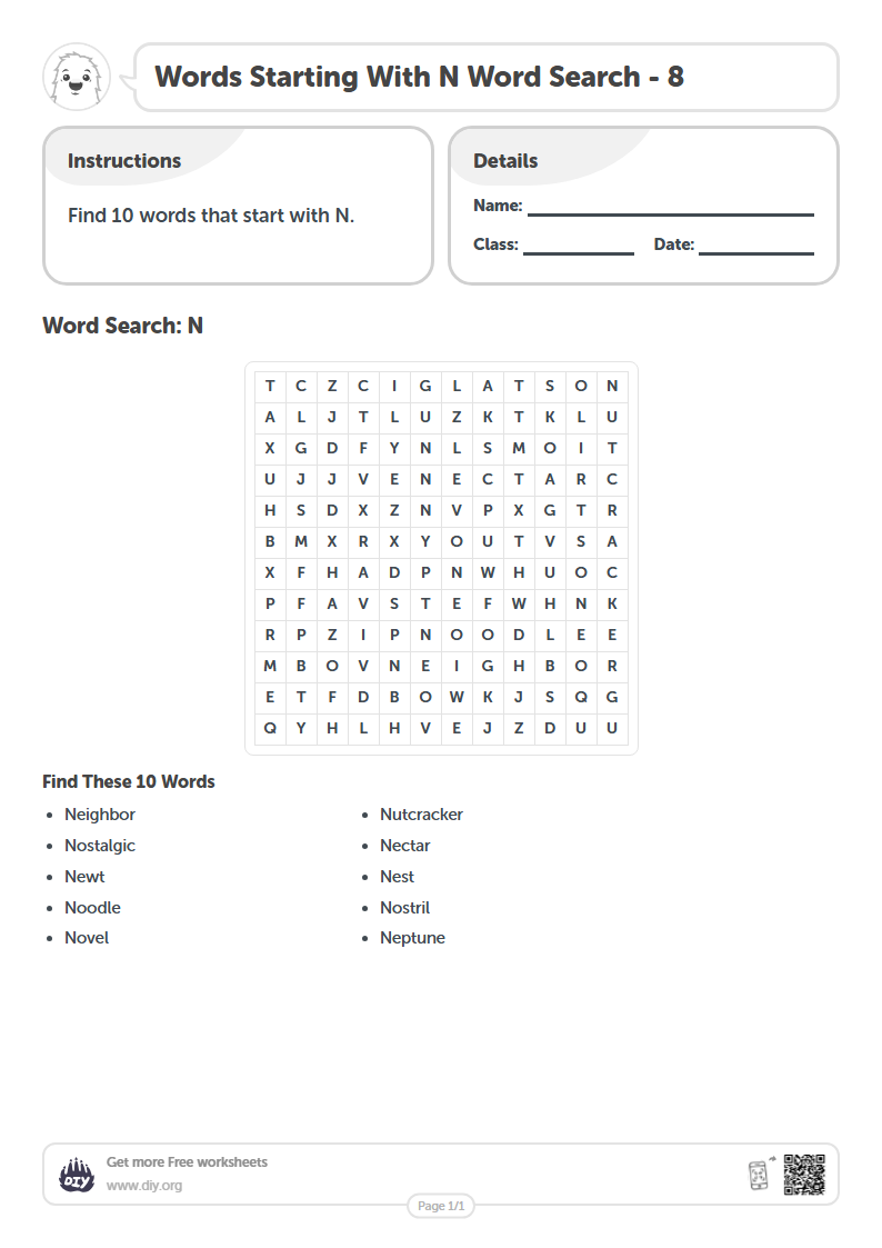 Free Words Starting With N Word Search Worksheets