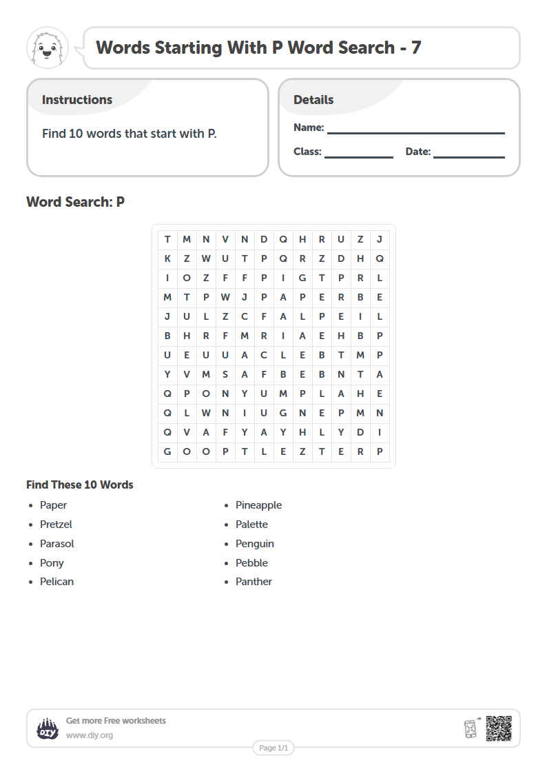 Free Words Starting With P Word Search Worksheets