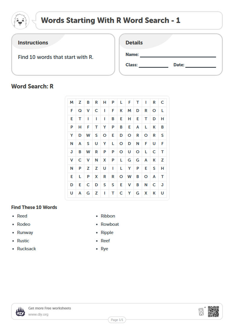 Free Words Starting With R Word Search Worksheets