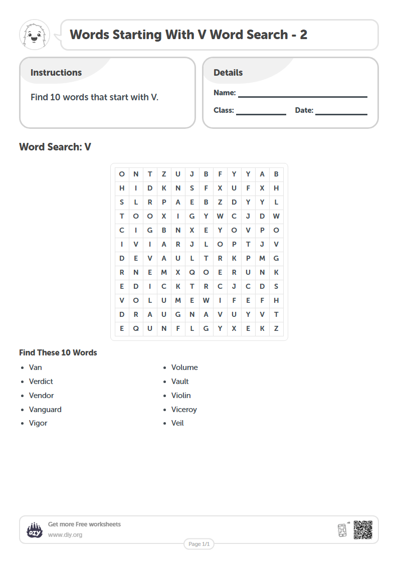 Free Words Starting With V Word Search Worksheets