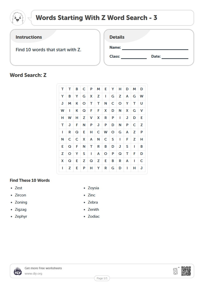 Free Words Starting With Z Word Search Worksheets
